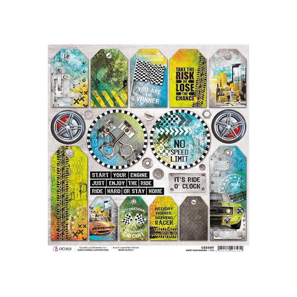 Carta Scrap Start Your Engine Tags - Mondo Fai da Te