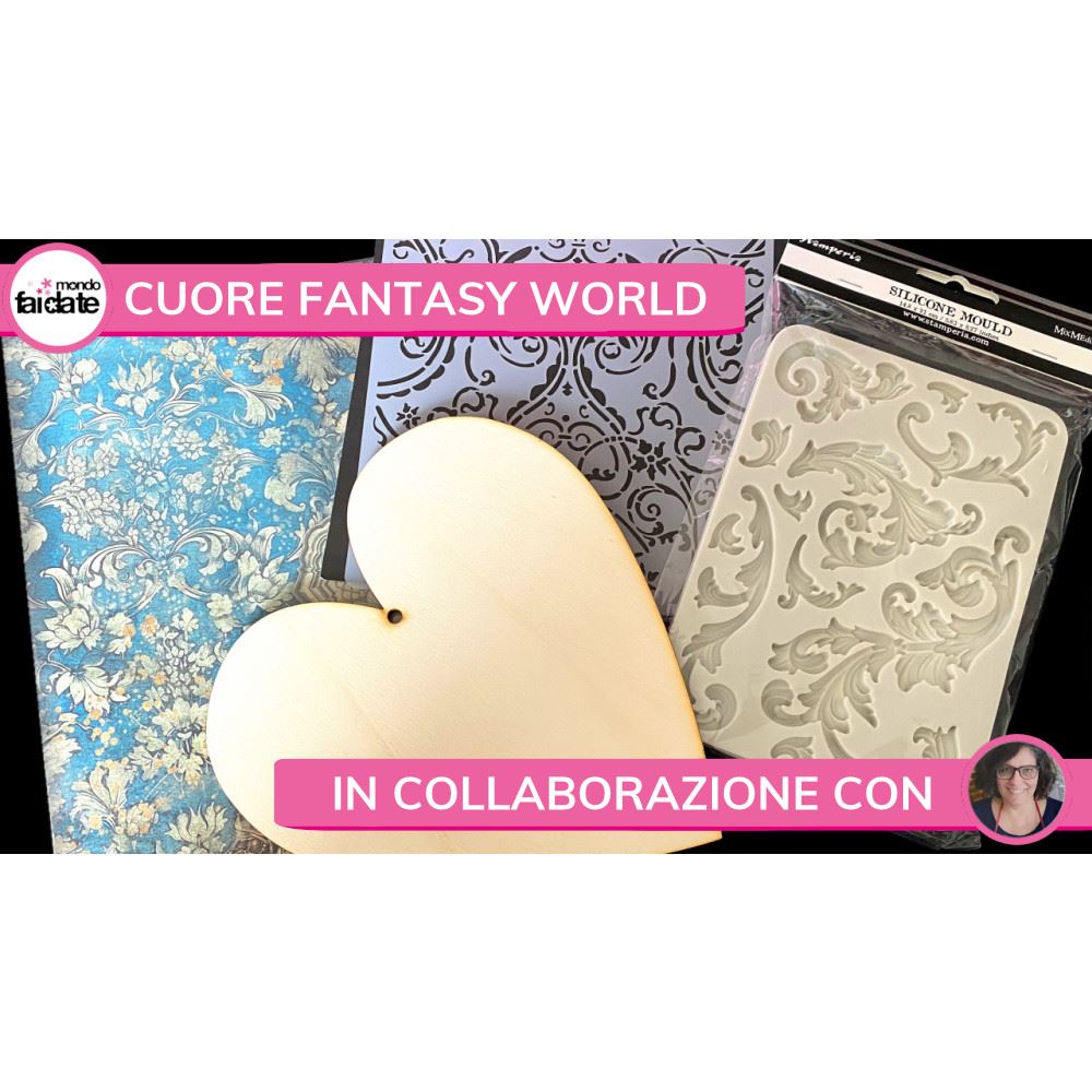 Decorazione cuore in legno con carta di riso, stencil e timbri Stamperia